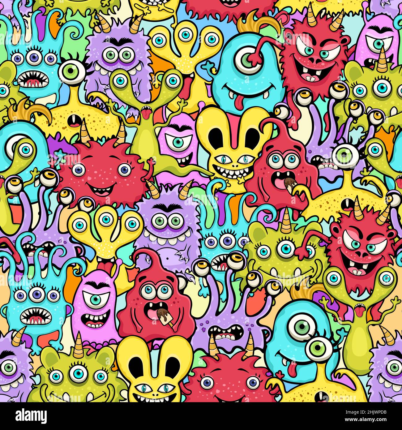 Cute monster seamless pattern, funny cartoon character, doodle print ...