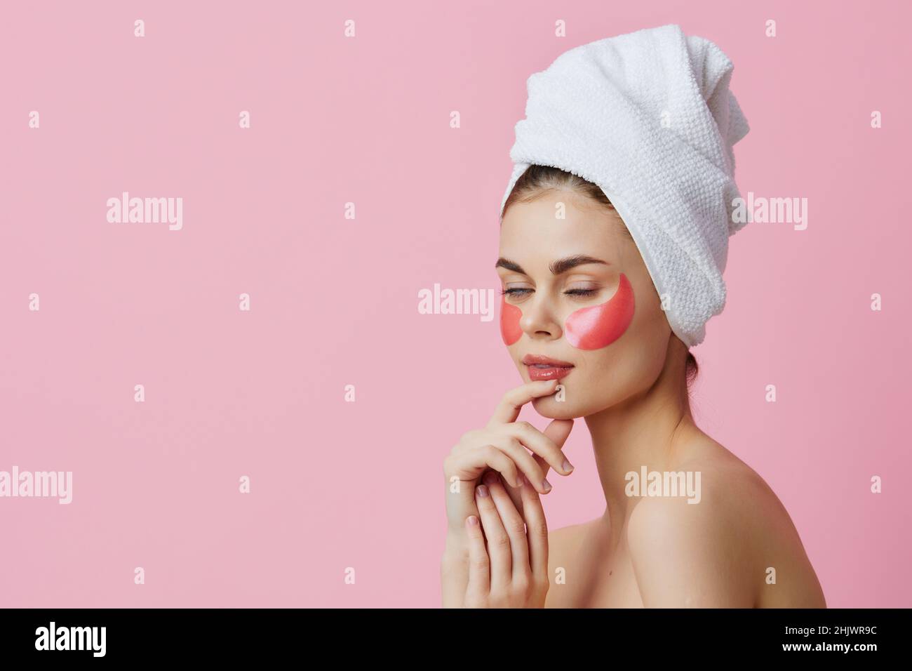 beautiful woman pink patches clean skin smile posing isolated ...