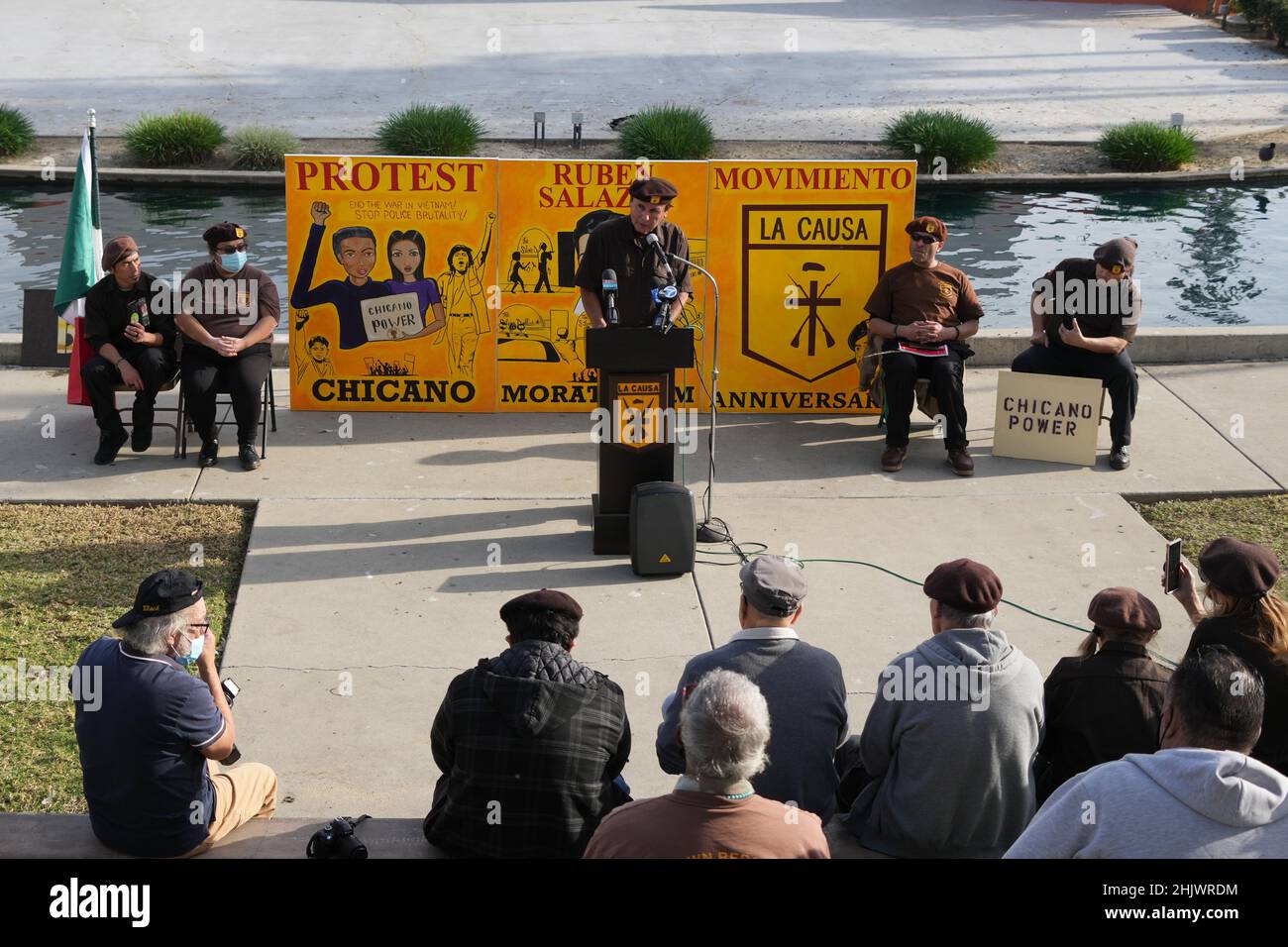 Brown Berets founder Dr. David Sanchez speaks at a Chicano Moratorium ...