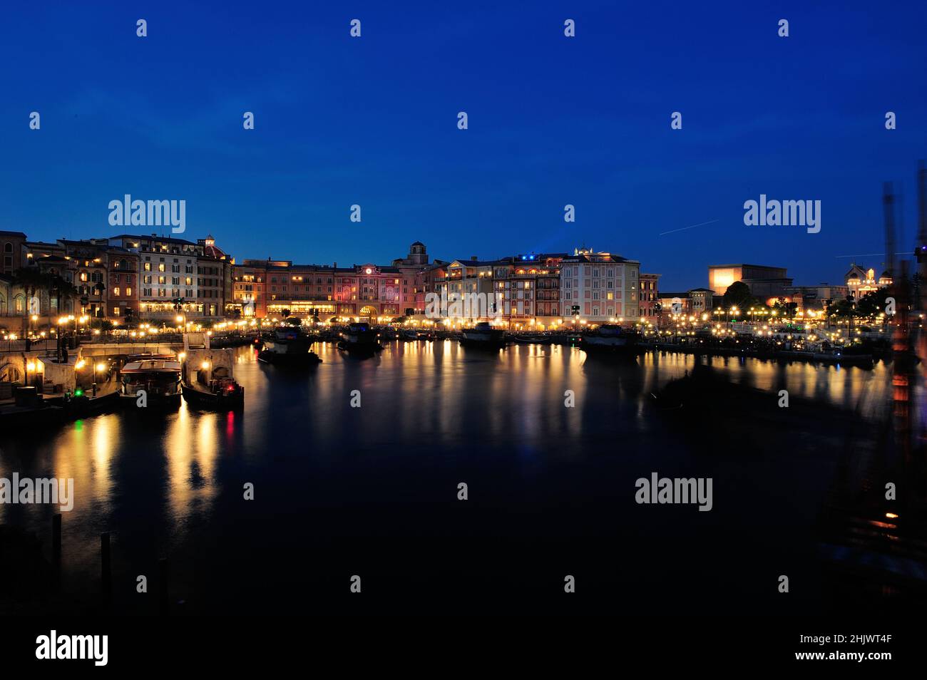 Beautiful evening view of the colorful Tokyo DisneySea at night in ...