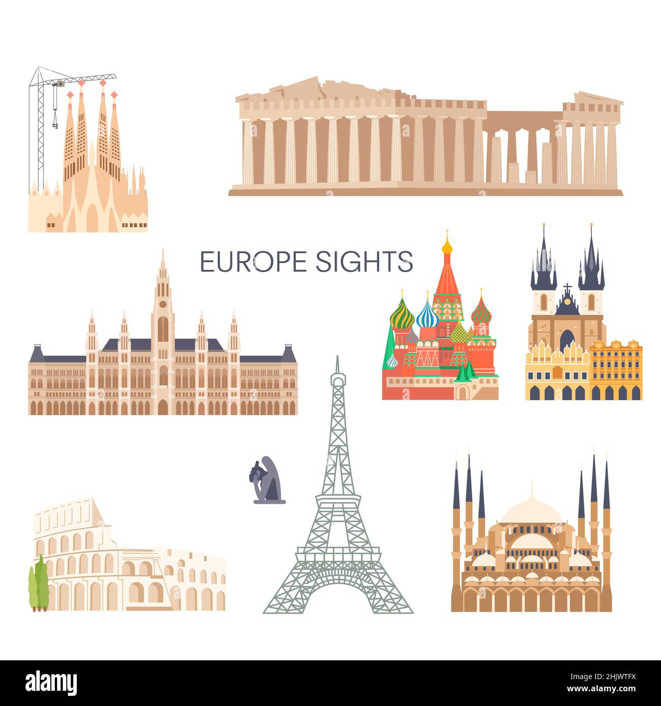 Main European cities symbols set isolated on white background Stock ...