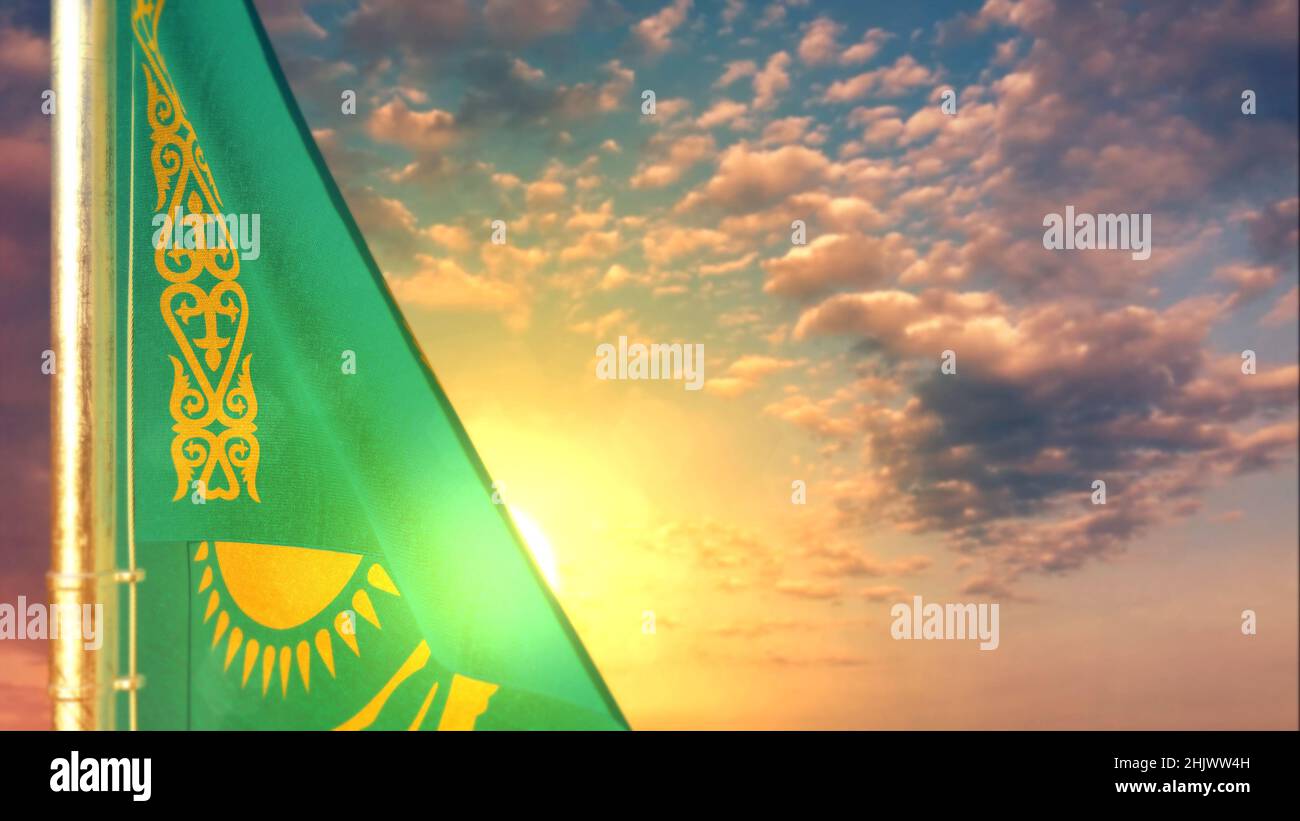Kazakhstan flag is hanging on sundown sky for any holiday - soft focus ...
