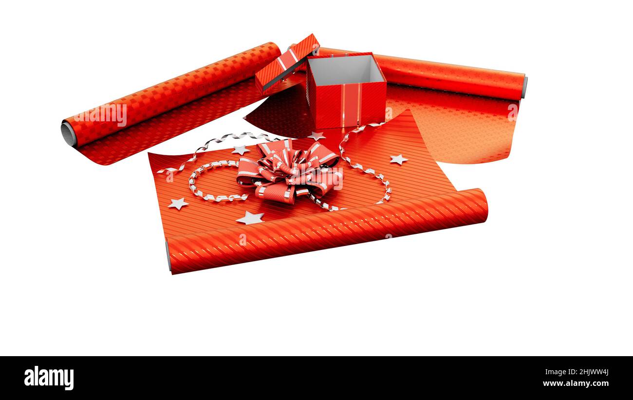 red gift wrapping paper and present box on white bg, isolated - object ...