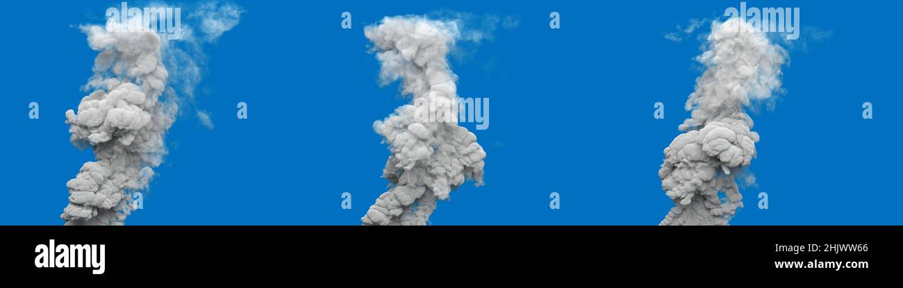 3 grey carbon smoke columns from power station on blue, isolated ...
