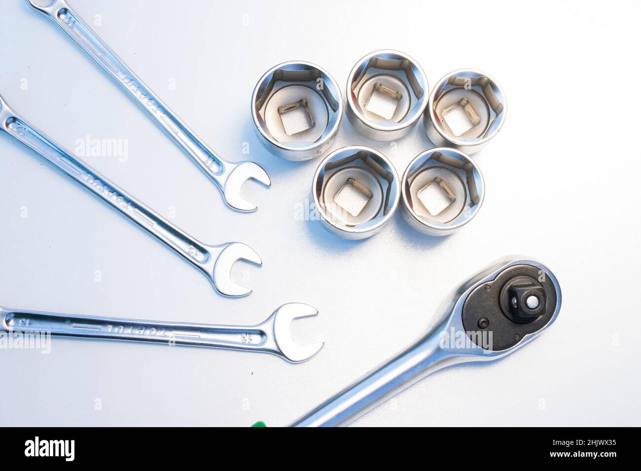 Large group of wrenches, professional kit, different metal wrenches ...