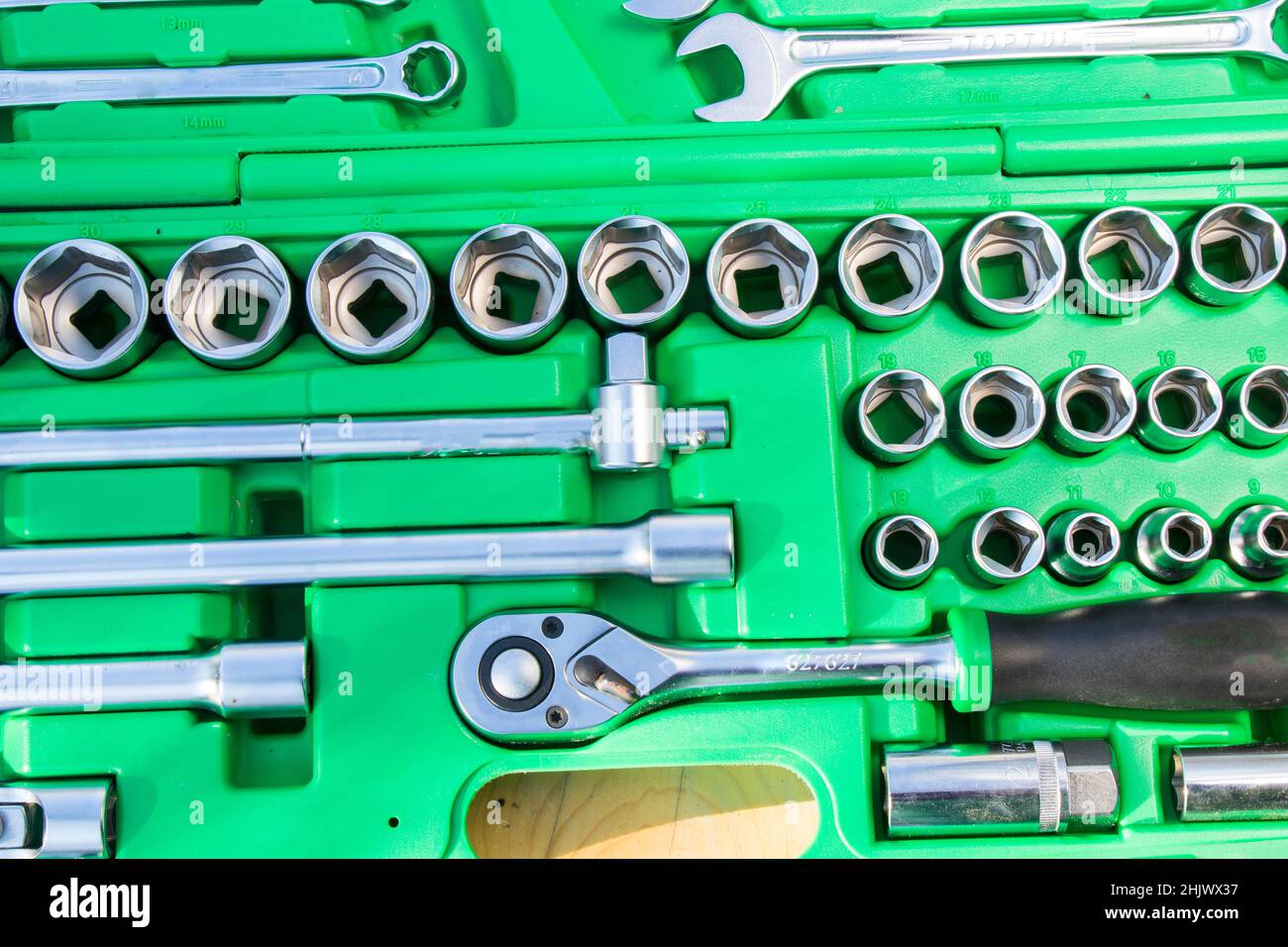 Large group of wrenches, professional kit, different metal wrenches ...