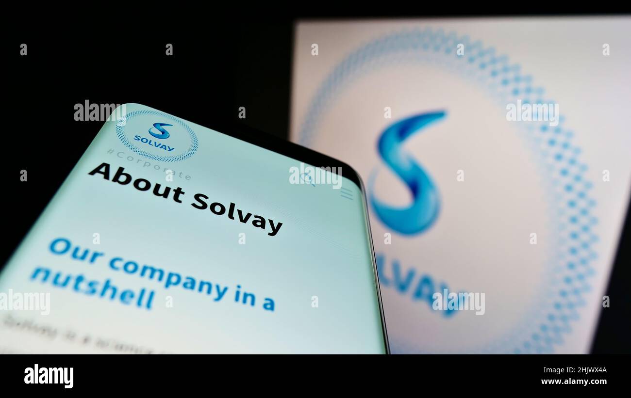 Mobile phone with website of Belgian chemical company Solvay S.A. on ...