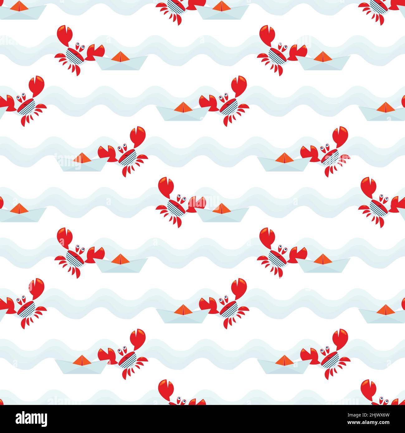 Crab sailor and paper boat on the waves. Seamless pattern. Design of ...