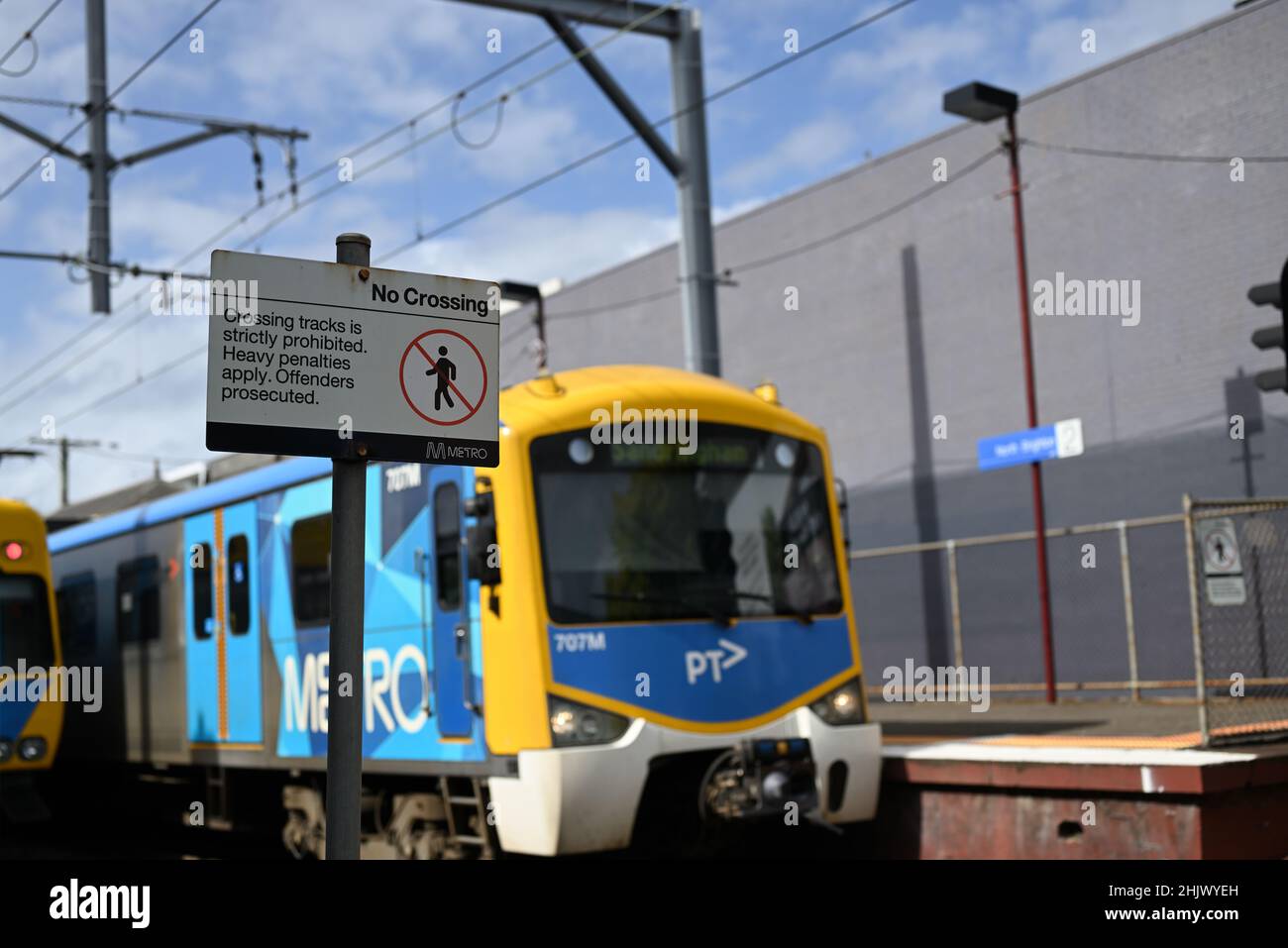 Trains railway safety signage hi-res stock photography and images - Alamy