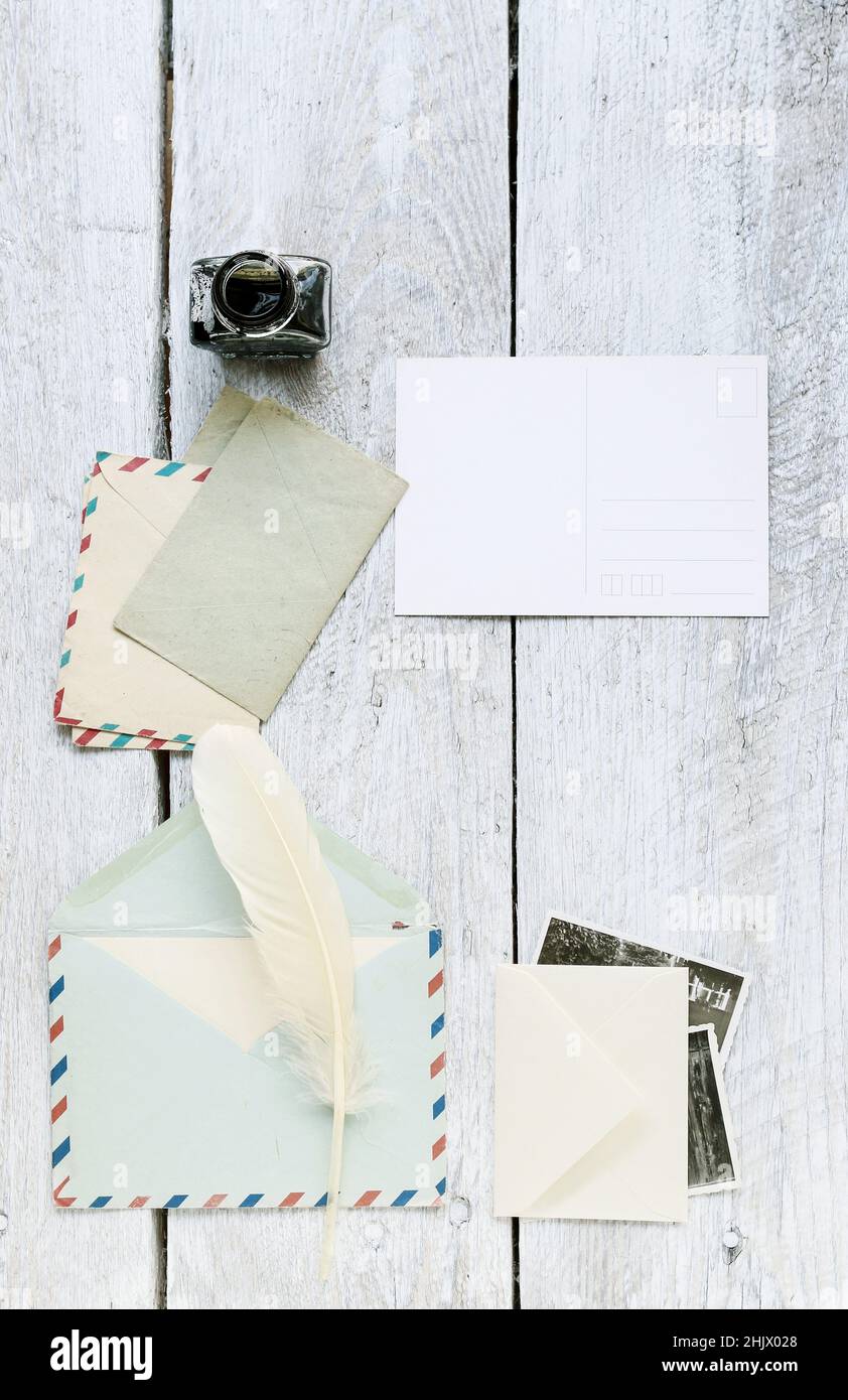 Vintage letters and postcards on wooden table. Retro style Stock Photo ...