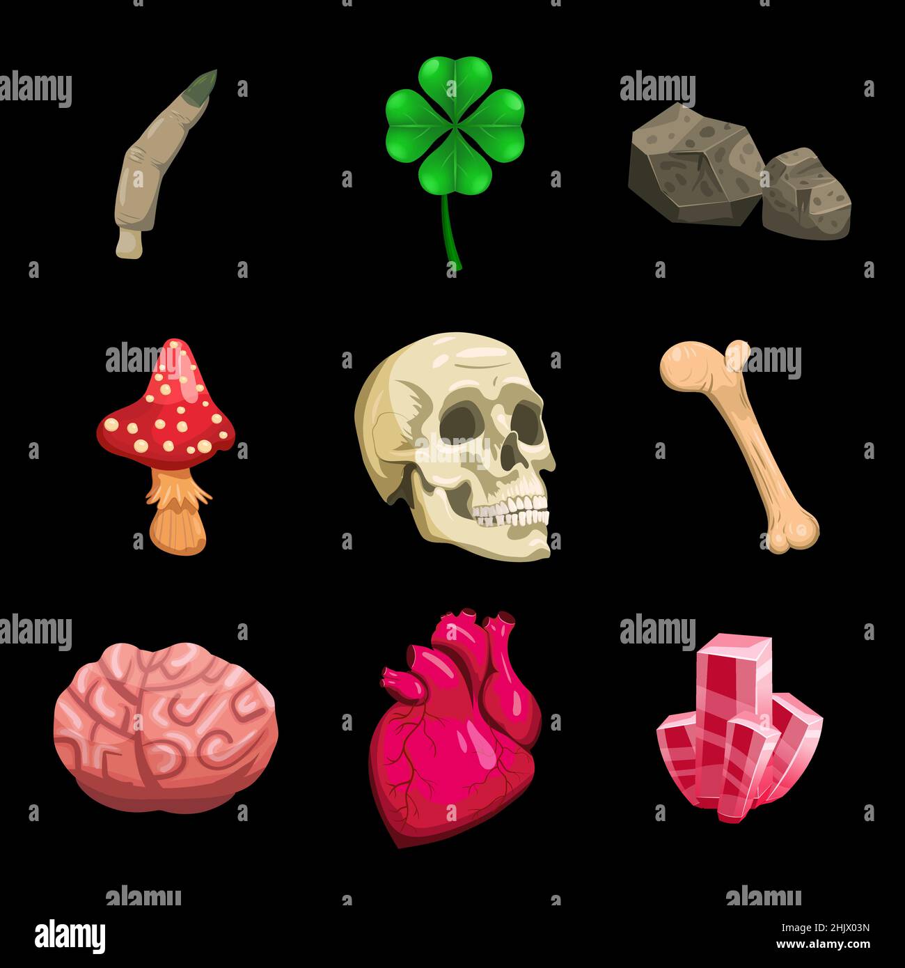 Witchcraft set magic object scull, heart, crystal, clover, mushroom ...