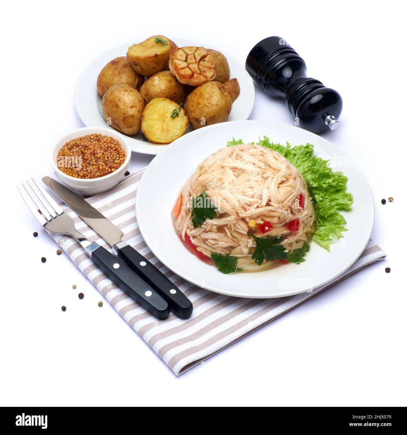 Delicious chicken aspic on a plate isolated on white background Stock ...