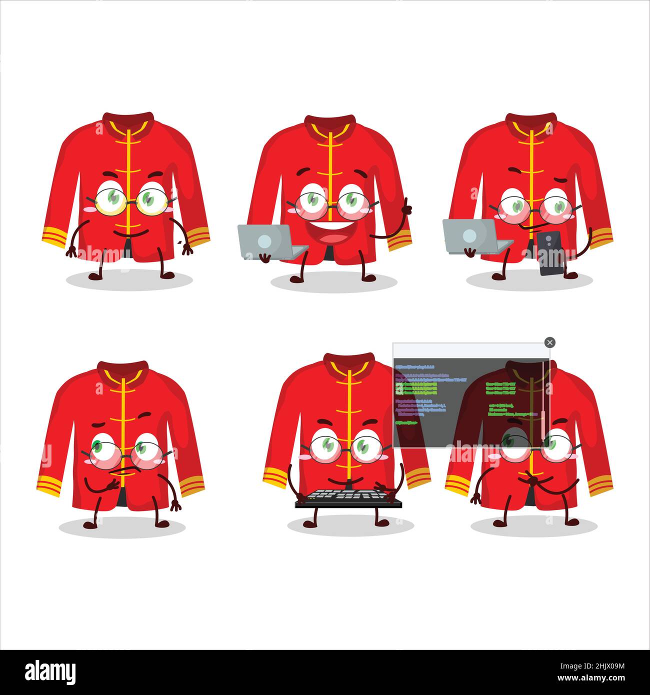 Red chinese traditional costume Programmer cute cartoon character with ...