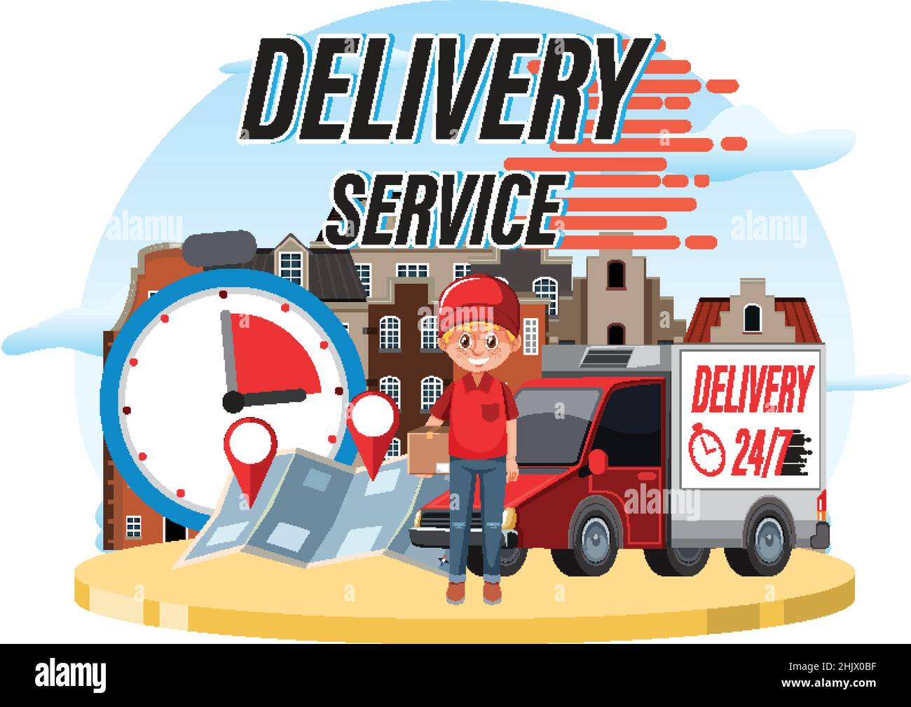 Delivery Service banner with courier and panel van illustration Stock ...