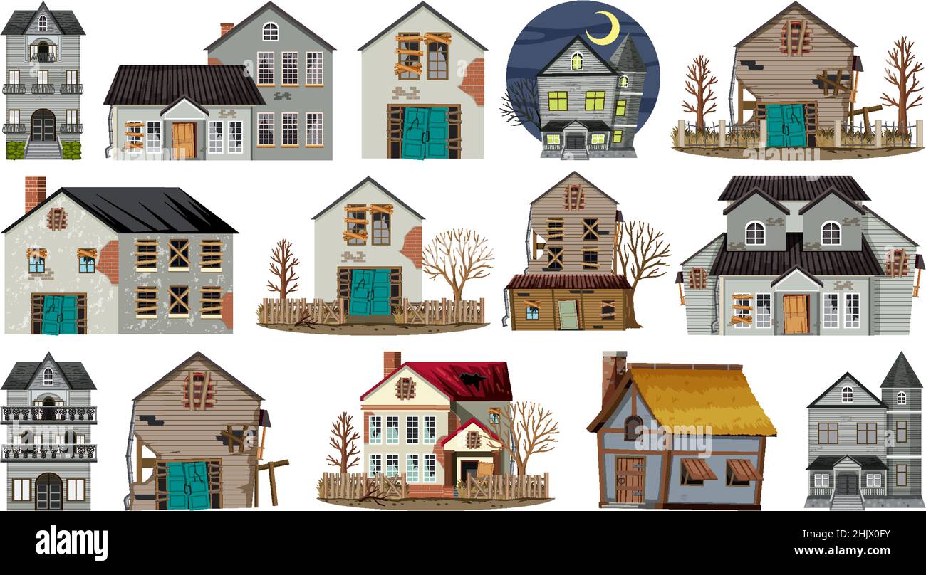 Set of abandoned houses and buildings illustration Stock Vector Image ...