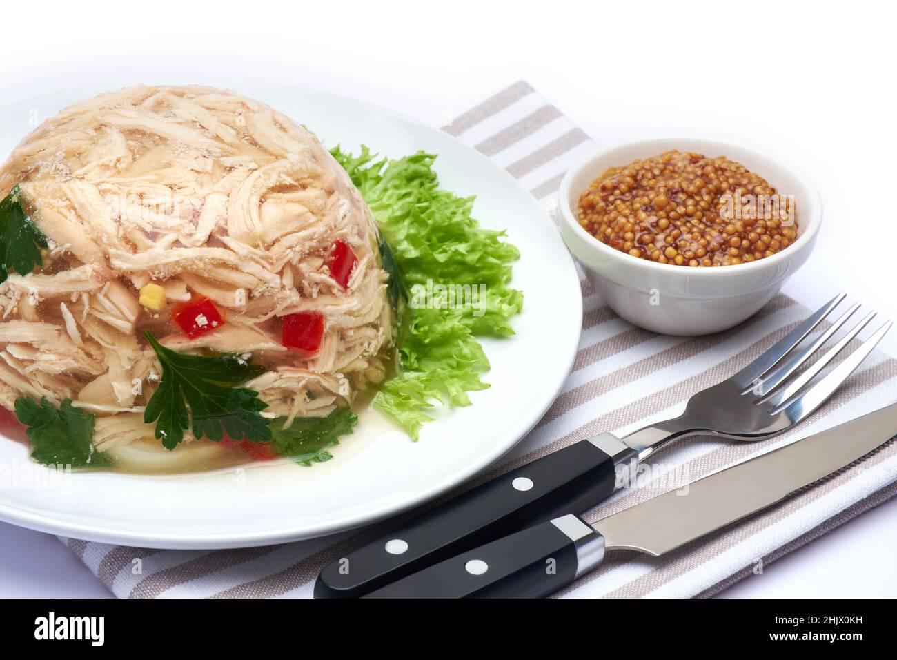 Delicious chicken aspic on a plate isolated on white background Stock ...