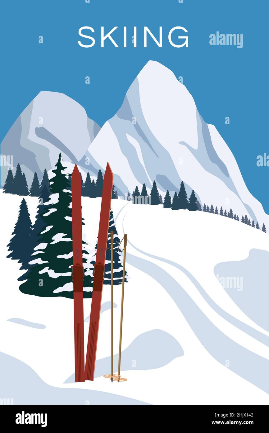Vintage Mountain winter resort Alps, with wooden old fashioned skis and ...