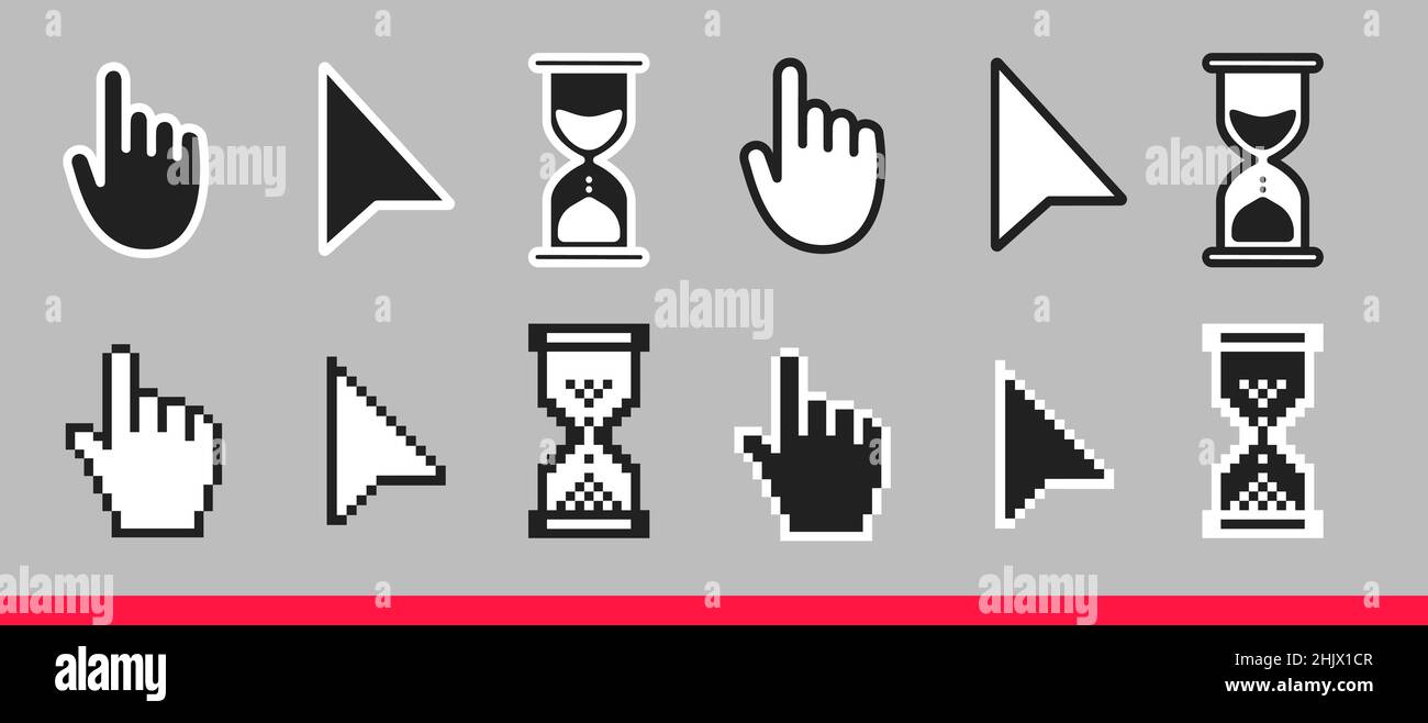 Pointer hand, arrow and hourglass loading clock mouse cursors icon sign ...