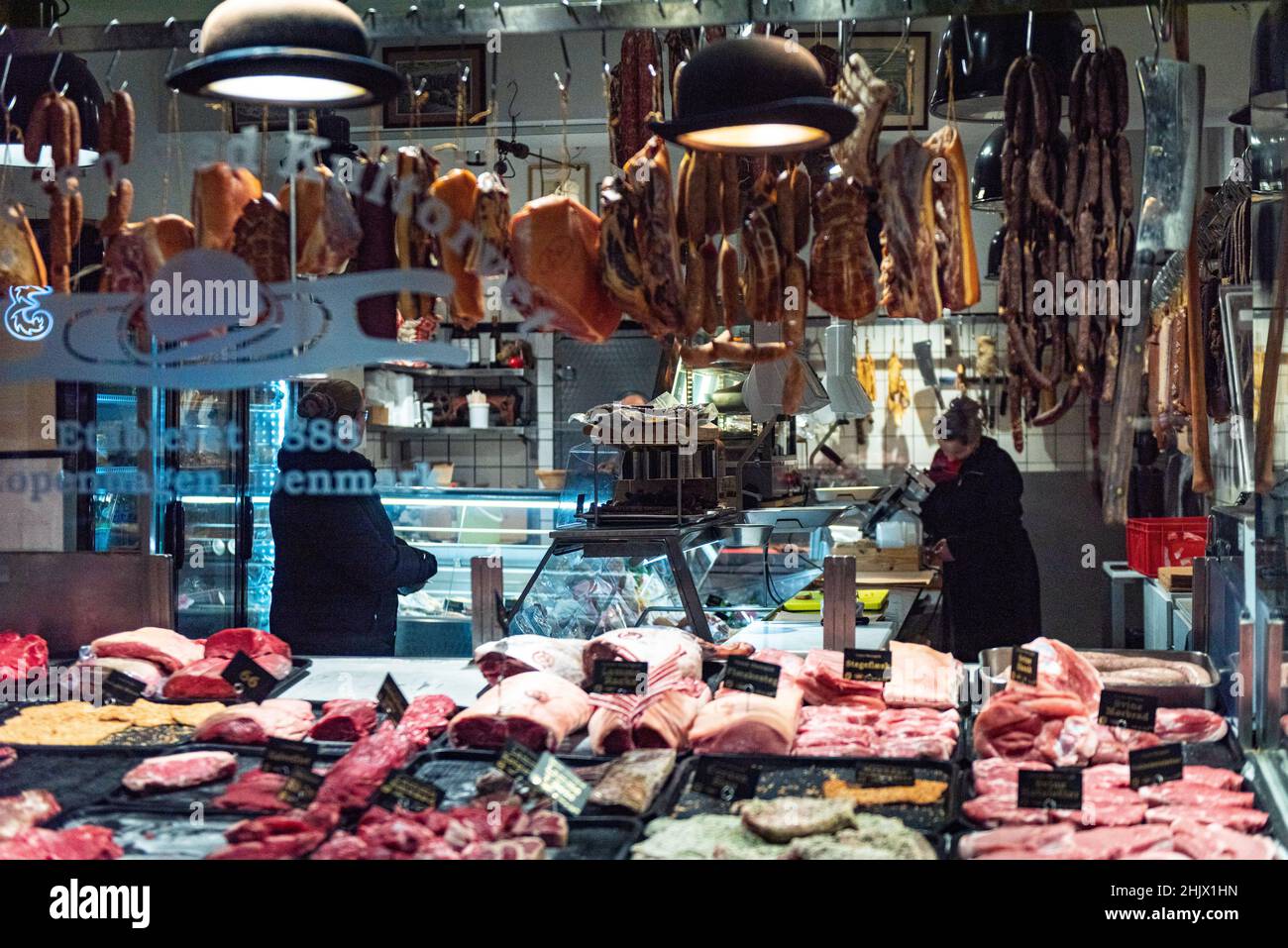 Butcher window Norreport Copenhagen Denmark meats on display all raw ...