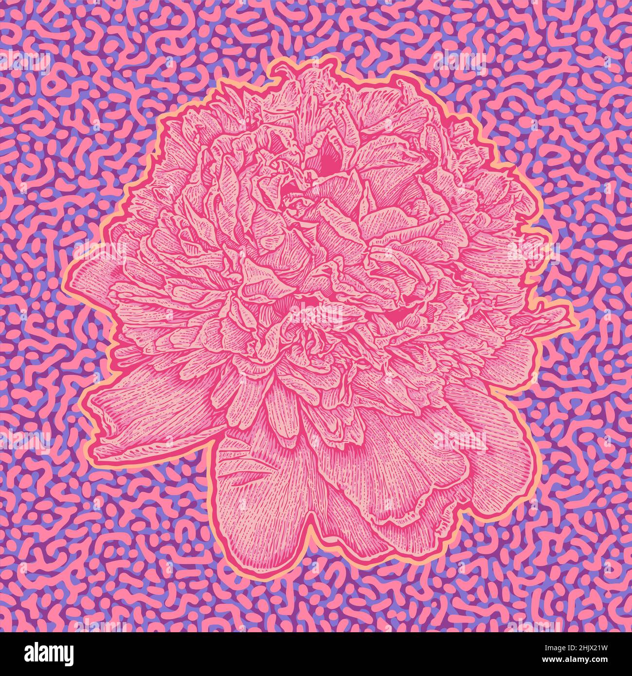 Psychedelic abstract background with pink flower . Engraved peony And ...