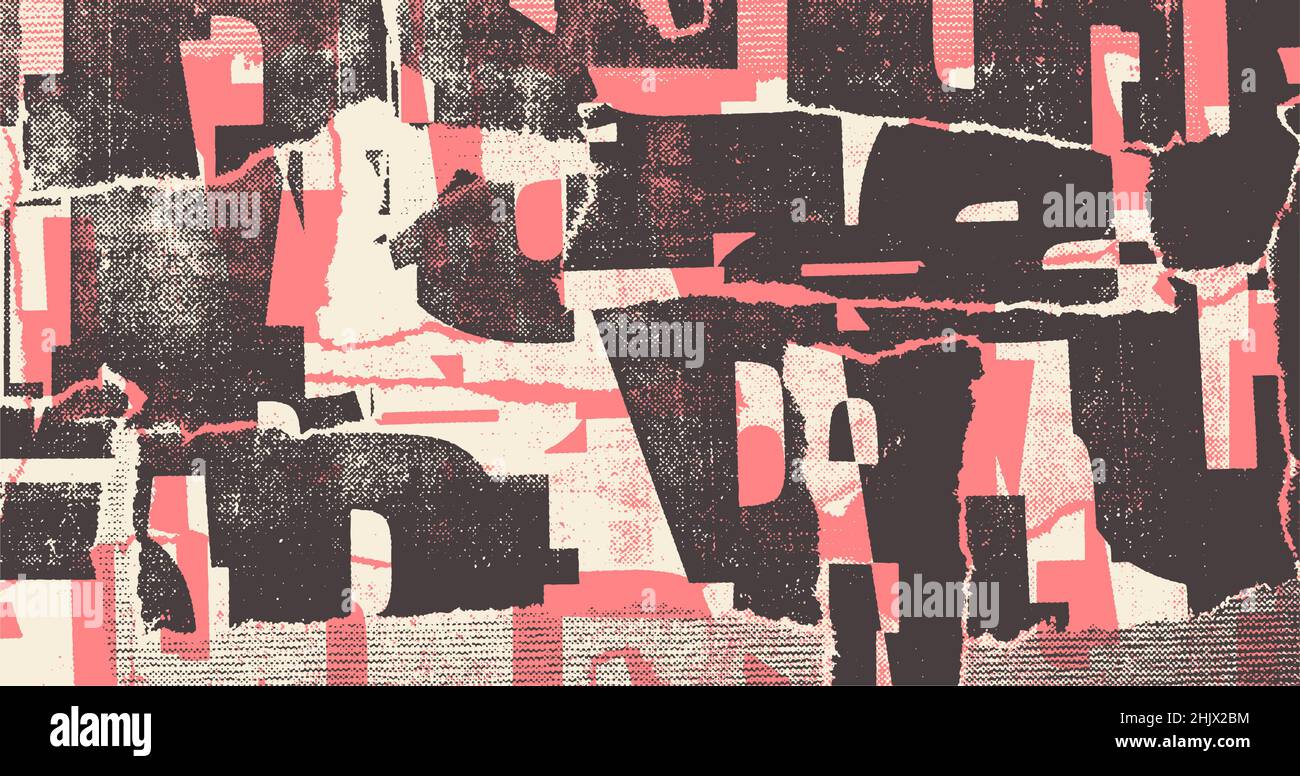 Collage of torn street posters. Abstract halftone lettering background ...