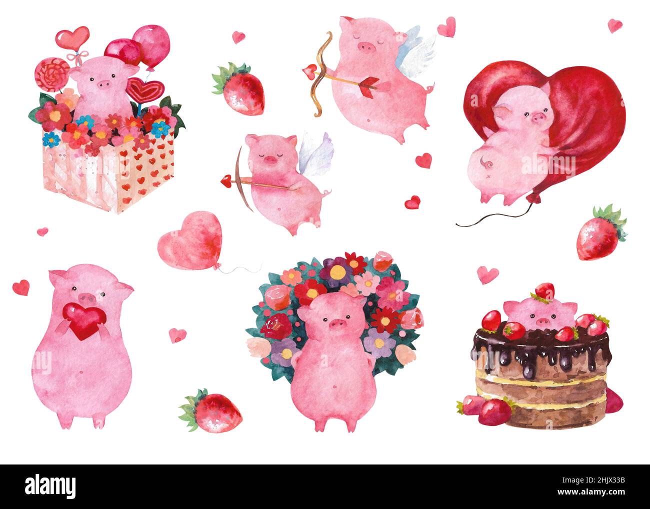 Watercolor Valentine's day pigs. Collage of pink piglets isolated on ...