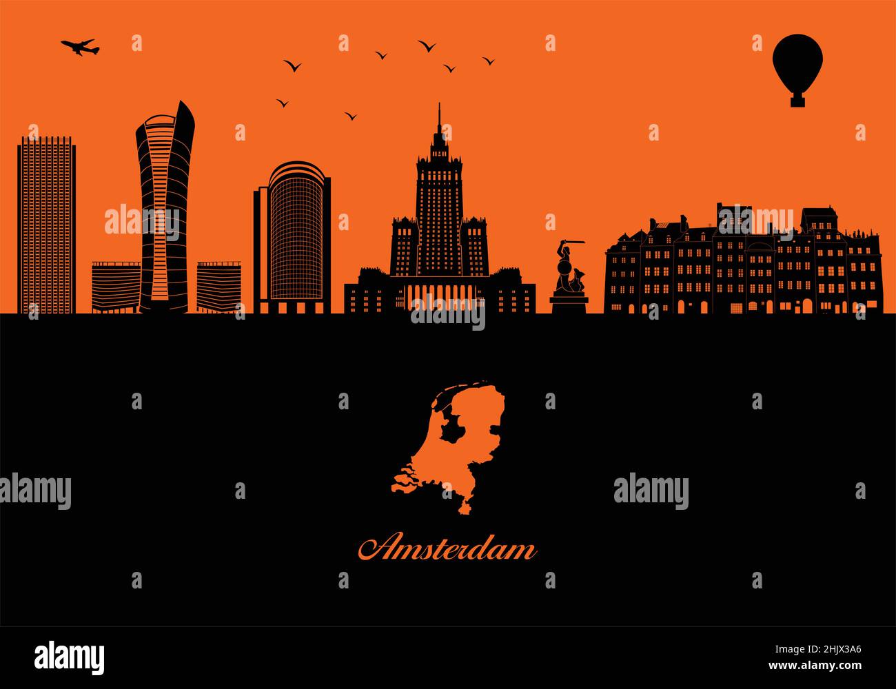 Amsterdam city skyline silhouette - illustration, Town in orange ...