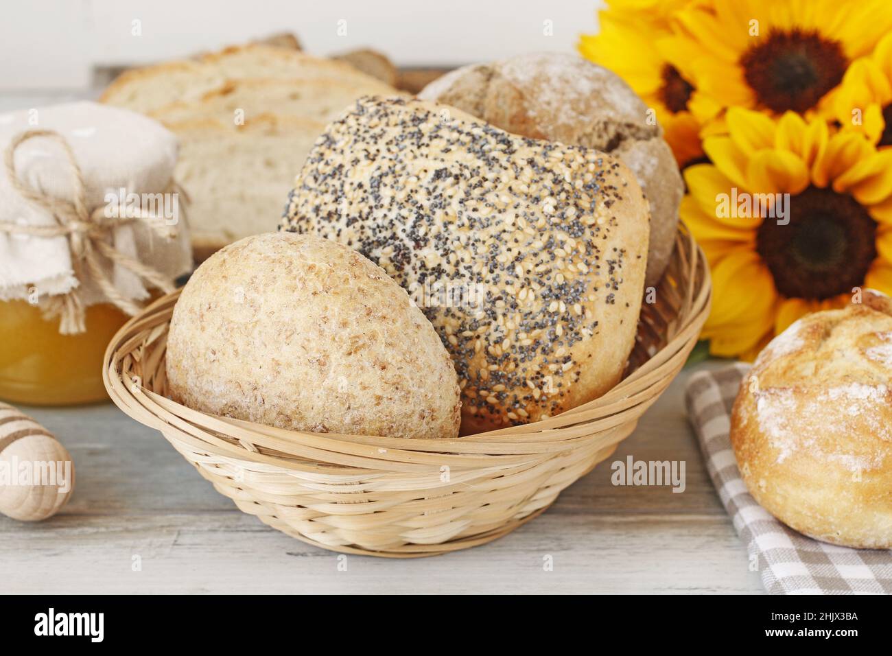 Buns and breads on breakfast table. Traditional dish Stock Photo - Alamy