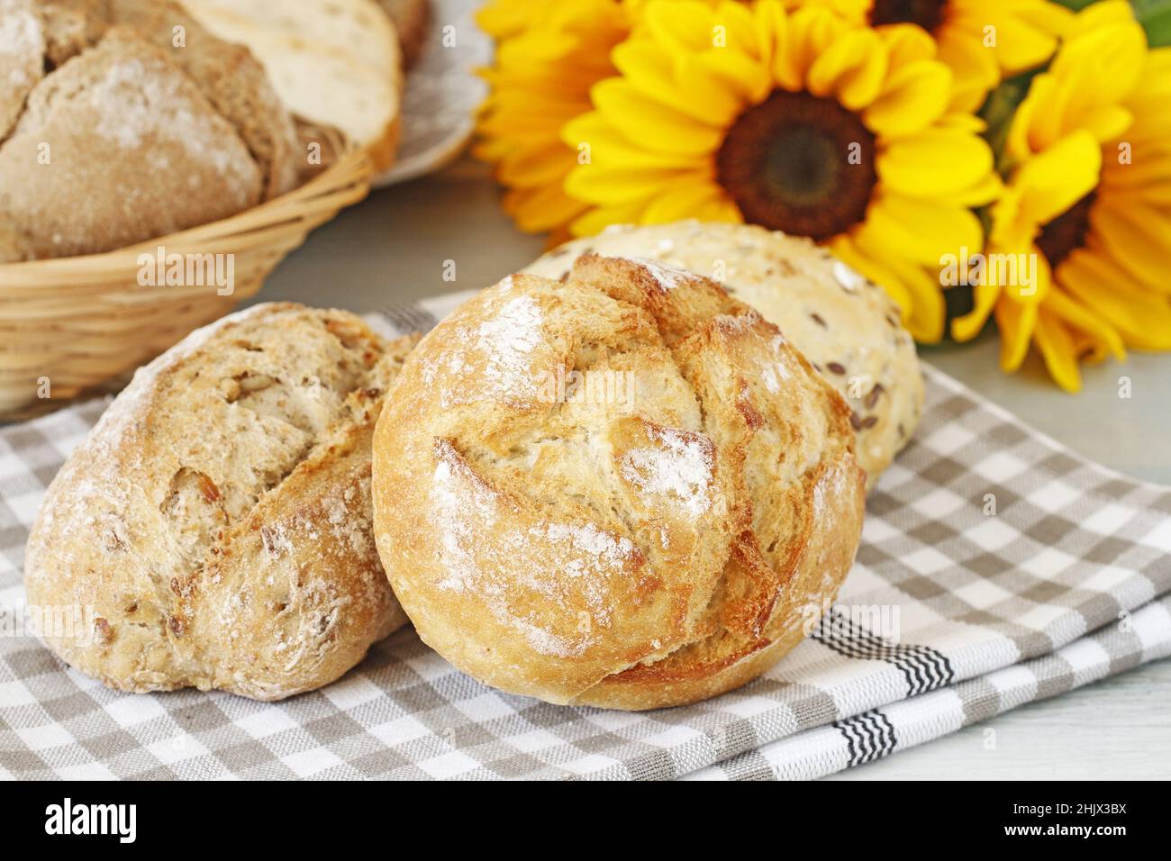Buns and breads on breakfast table. Traditional dish Stock Photo - Alamy