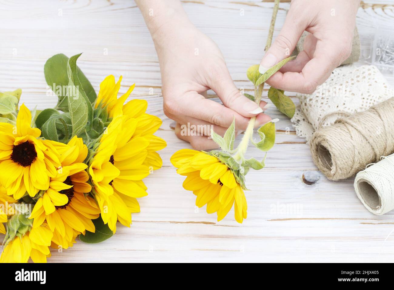 Florist at work: Woman shows how to make bouquet with sunflowers. Step ...