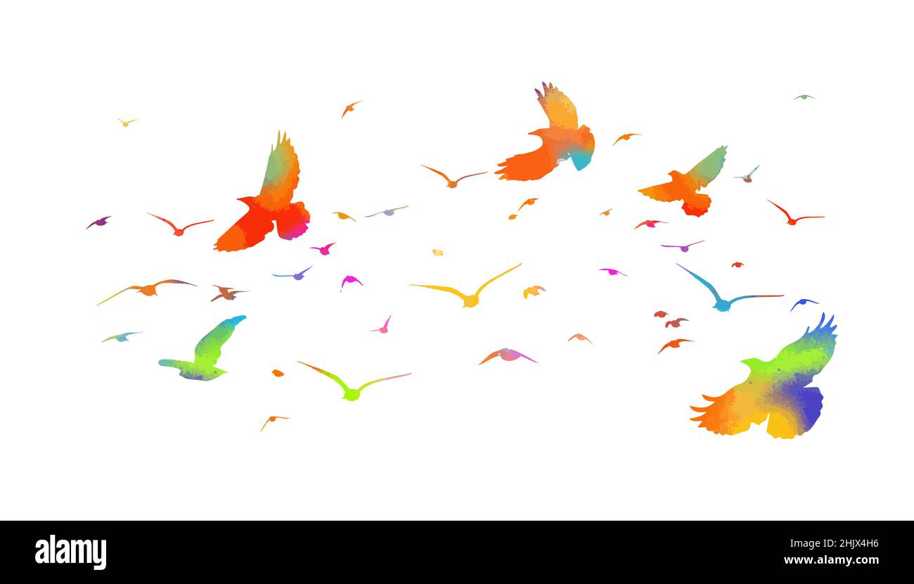 Multi-colored birds. A flock of flying rainbow birds. Vector ...