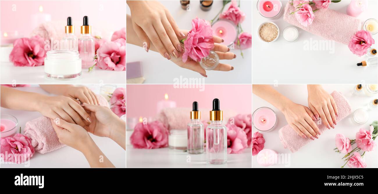 Photo collage of procedures for hand care Stock Photo - Alamy