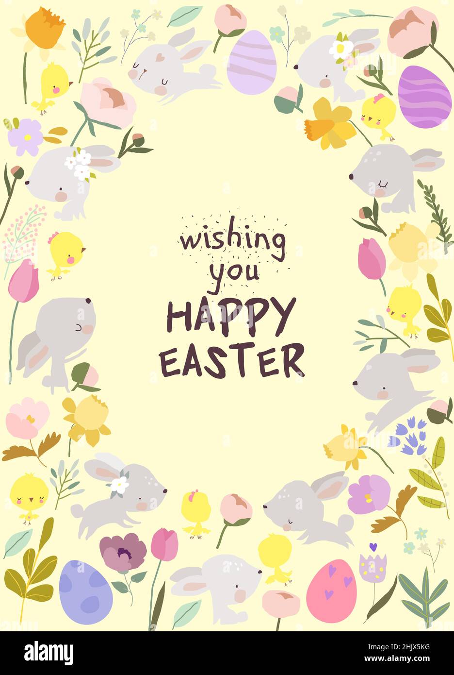 Cute Frame composed of Easter Bunnies, Flowers and Easter Eggs Stock ...