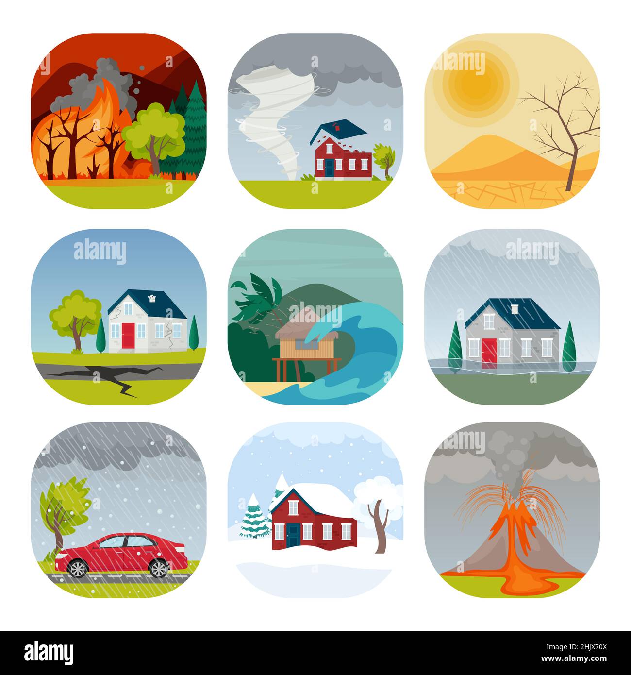 Natural disaster set of compositions with wild landscapes, houses ...