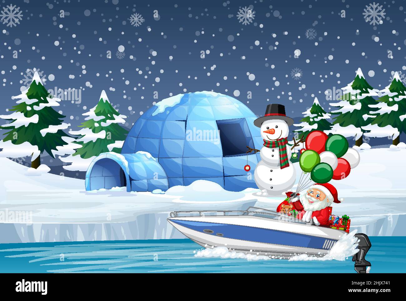 Snowy night with cute elf delivering gifts by speedboat illustration ...