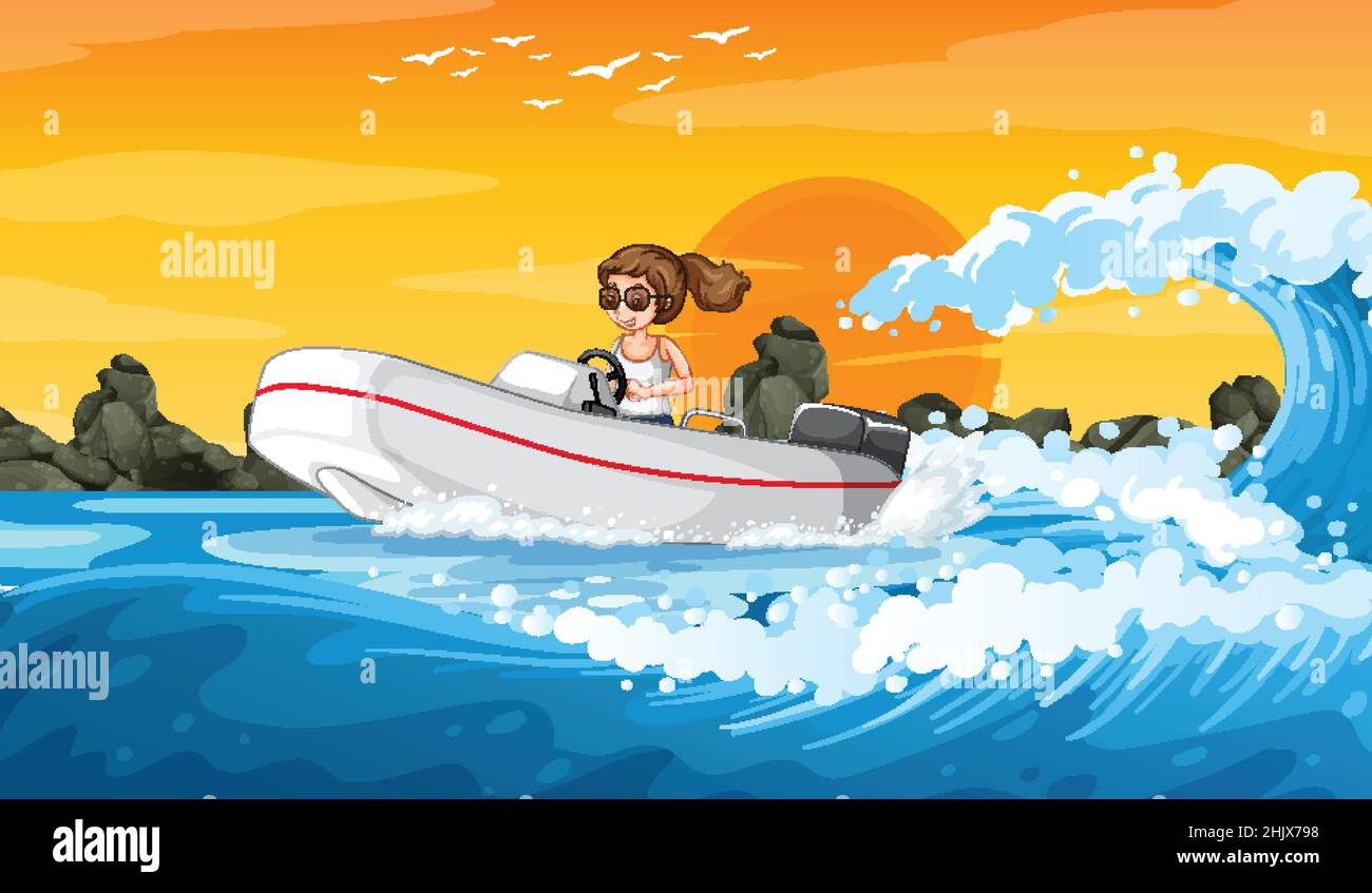 Ocean wave scenery with a woman driving a boat illustration Stock ...