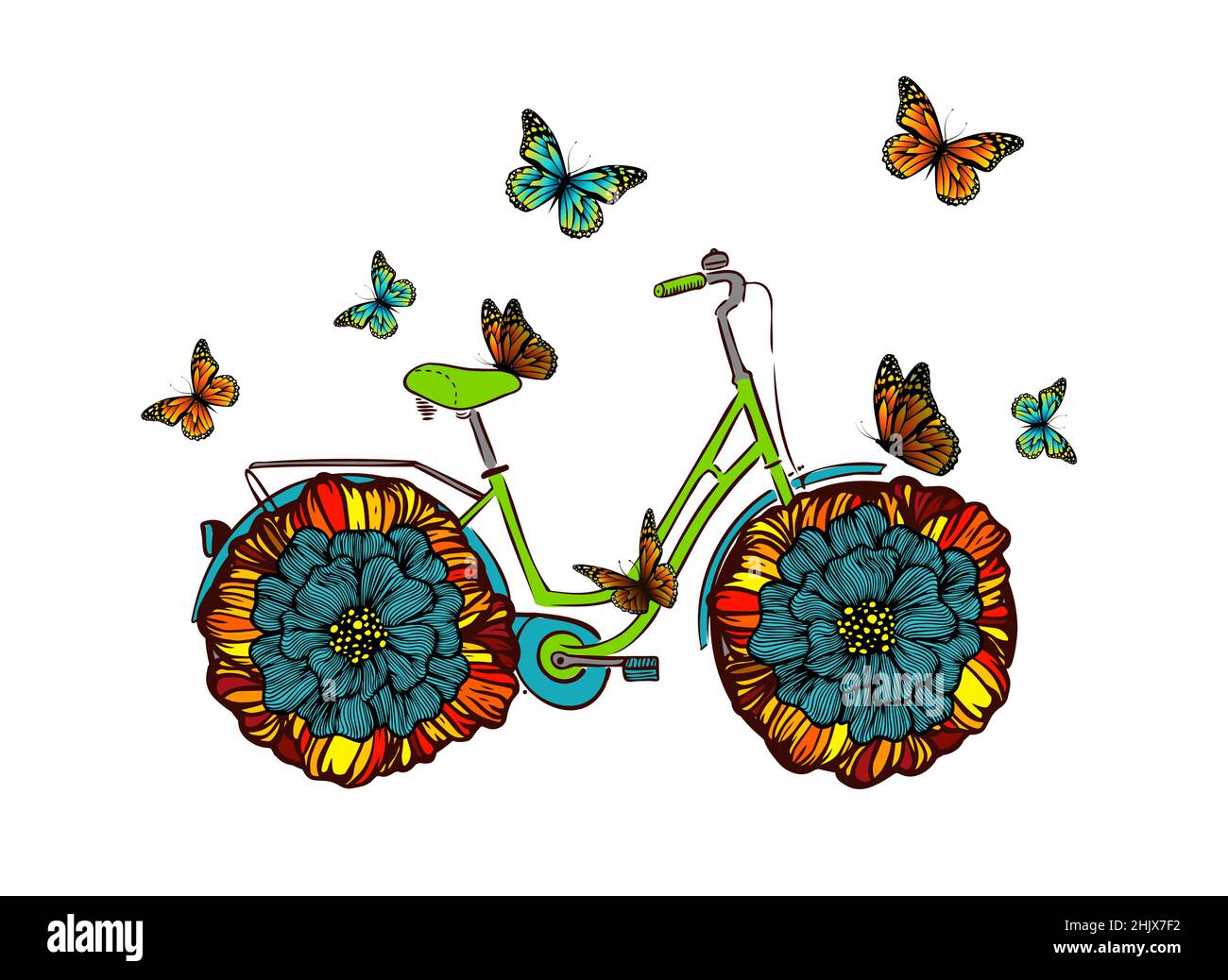 Hand drawing print design. Bicycle with flowers wheels. Vector ...