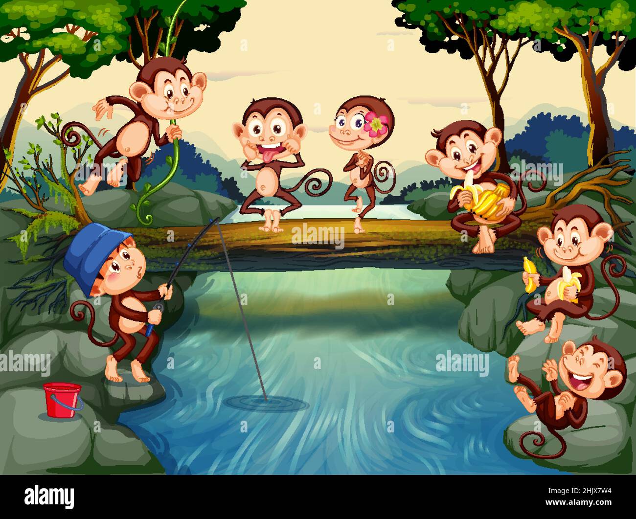 Forest river scene with monkey cartoon characters illustration Stock ...