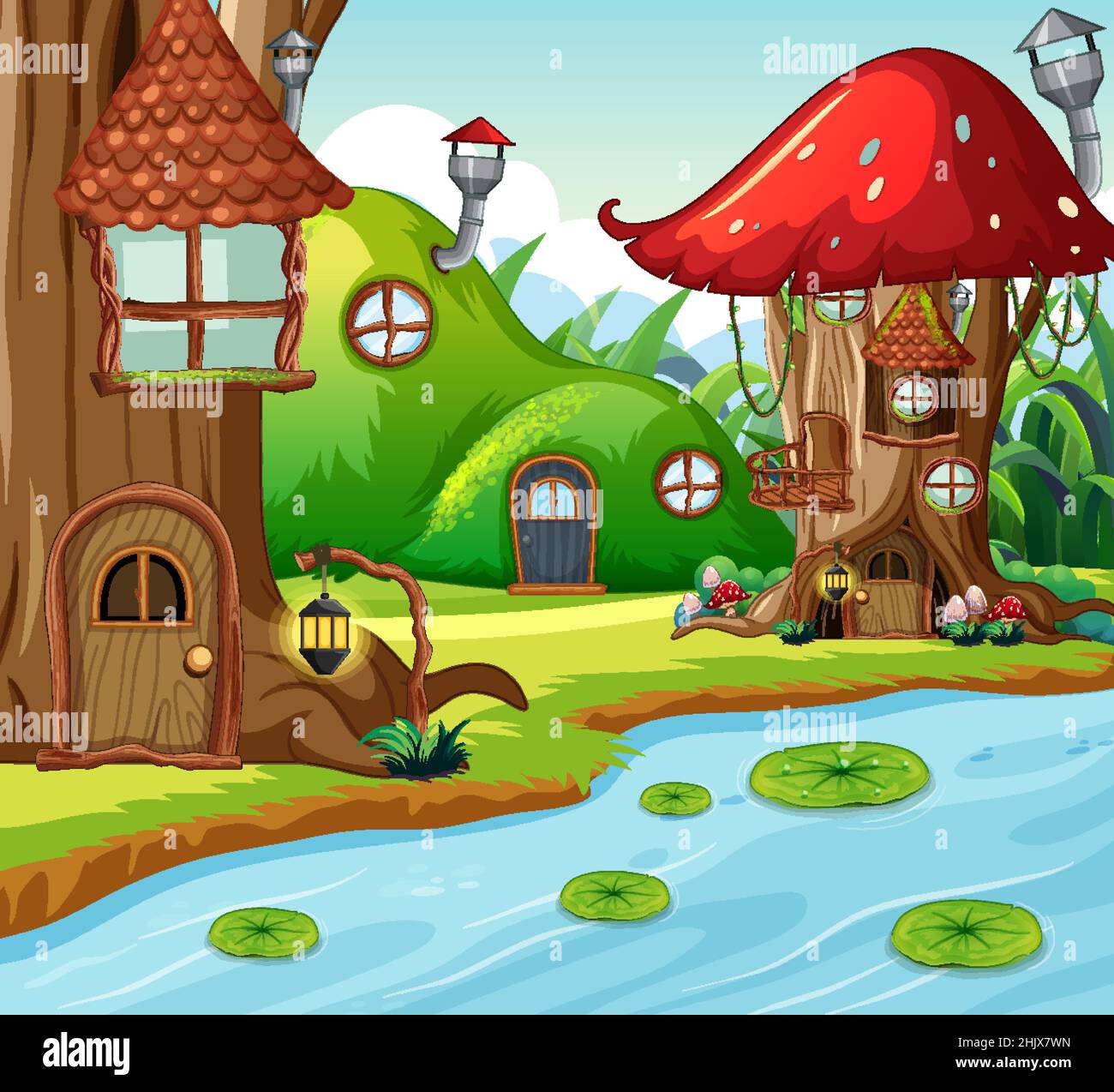 Fairy tree house in the forest scene illustration Stock Vector Image ...