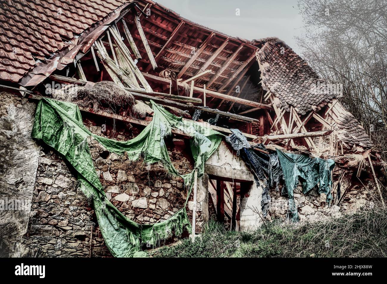 Collapsed anciend barn on foggy day Stock Photo - Alamy