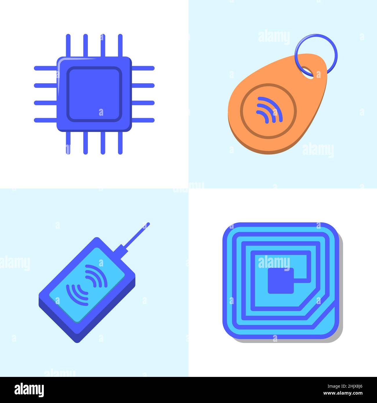 RFID tag and microchip icon set in flat style. Radio frequency ...