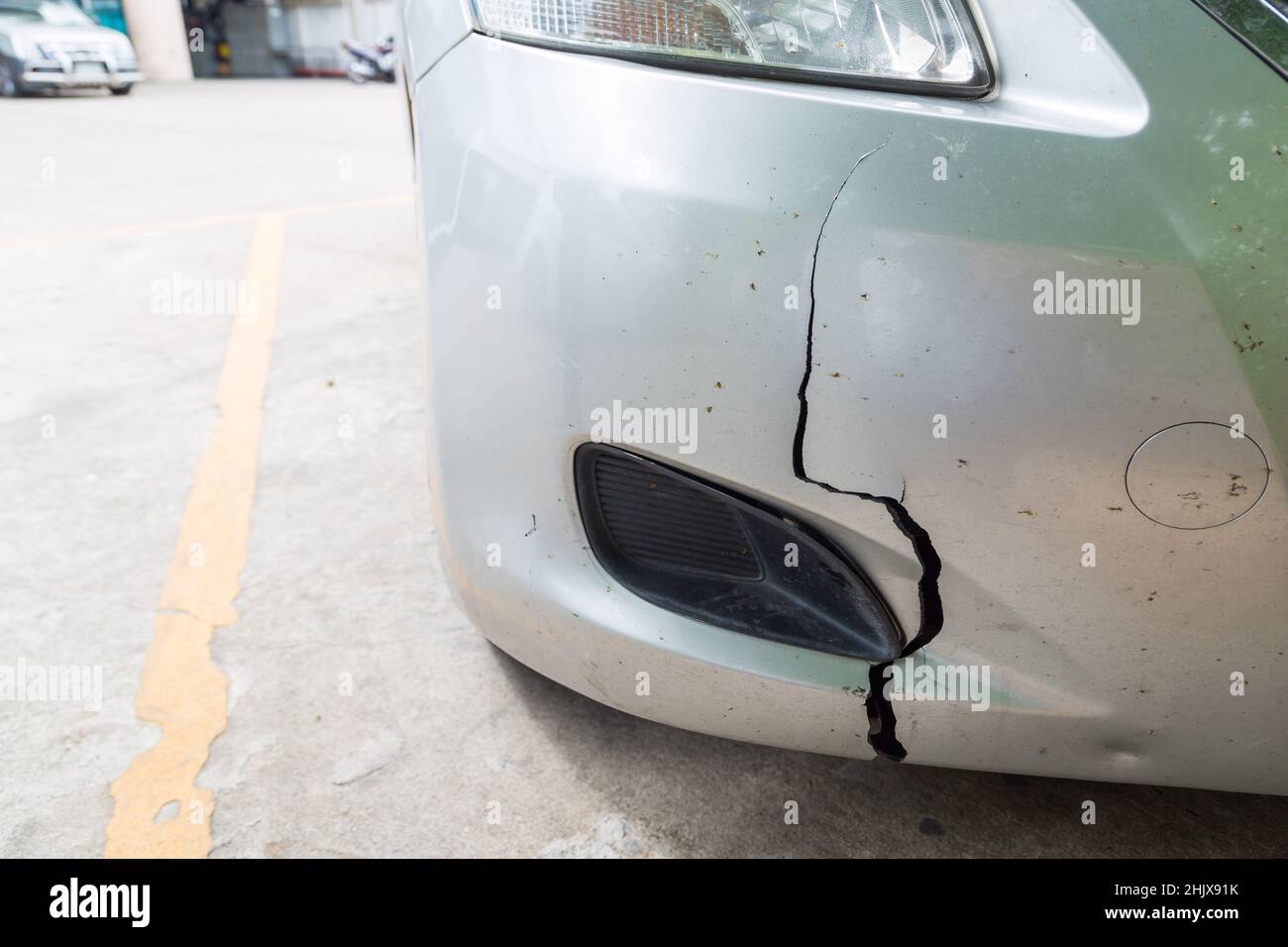 car has a dentedand damage at front bumper from accident Stock Photo ...