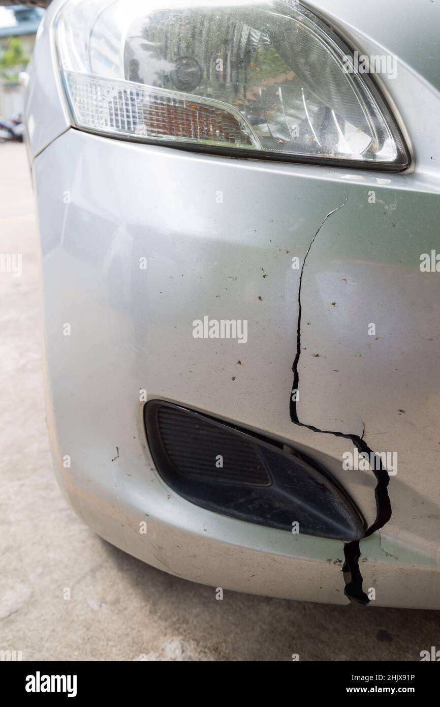 car has a dentedand damage at front bumper from accident Stock Photo ...