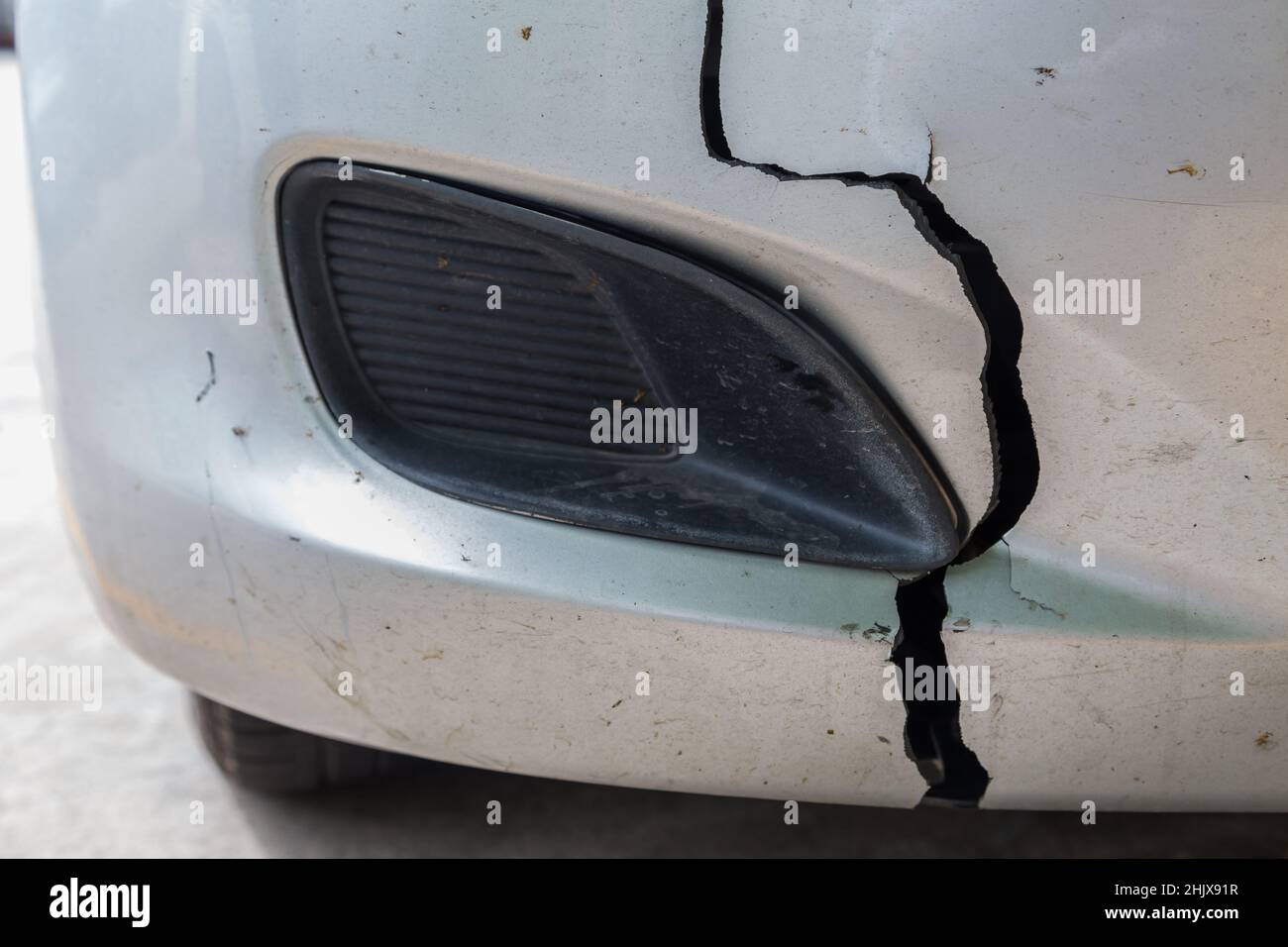 car has a dentedand damage at front bumper from accident Stock Photo ...