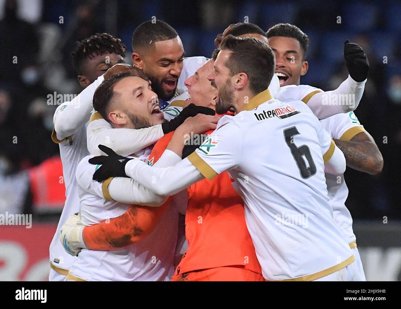 Nice's Polish goalkeeper Marcin Bulka celebrates winning the penalty ...