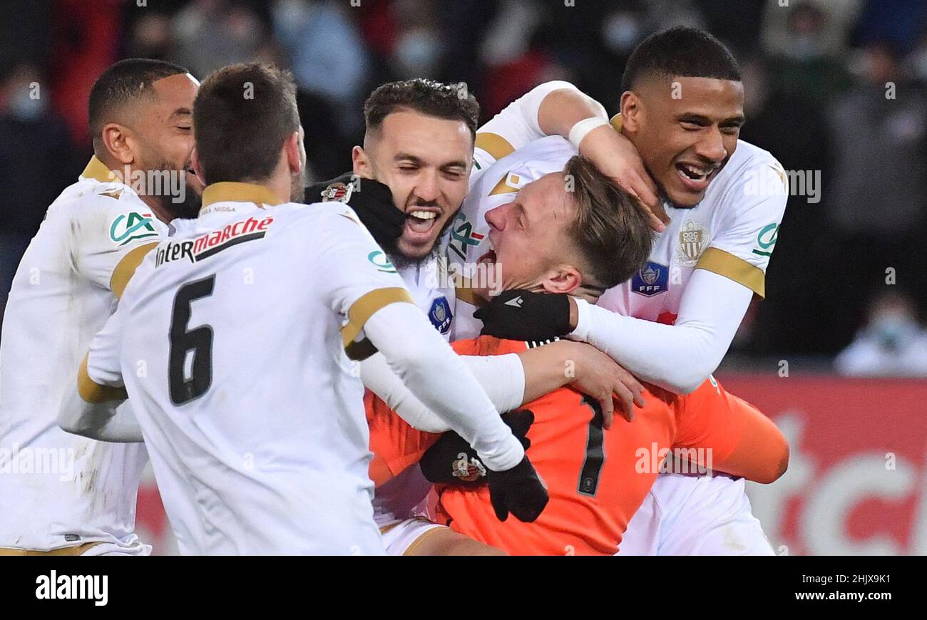 Nice's Polish goalkeeper Marcin Bulka celebrates winning the penalty ...