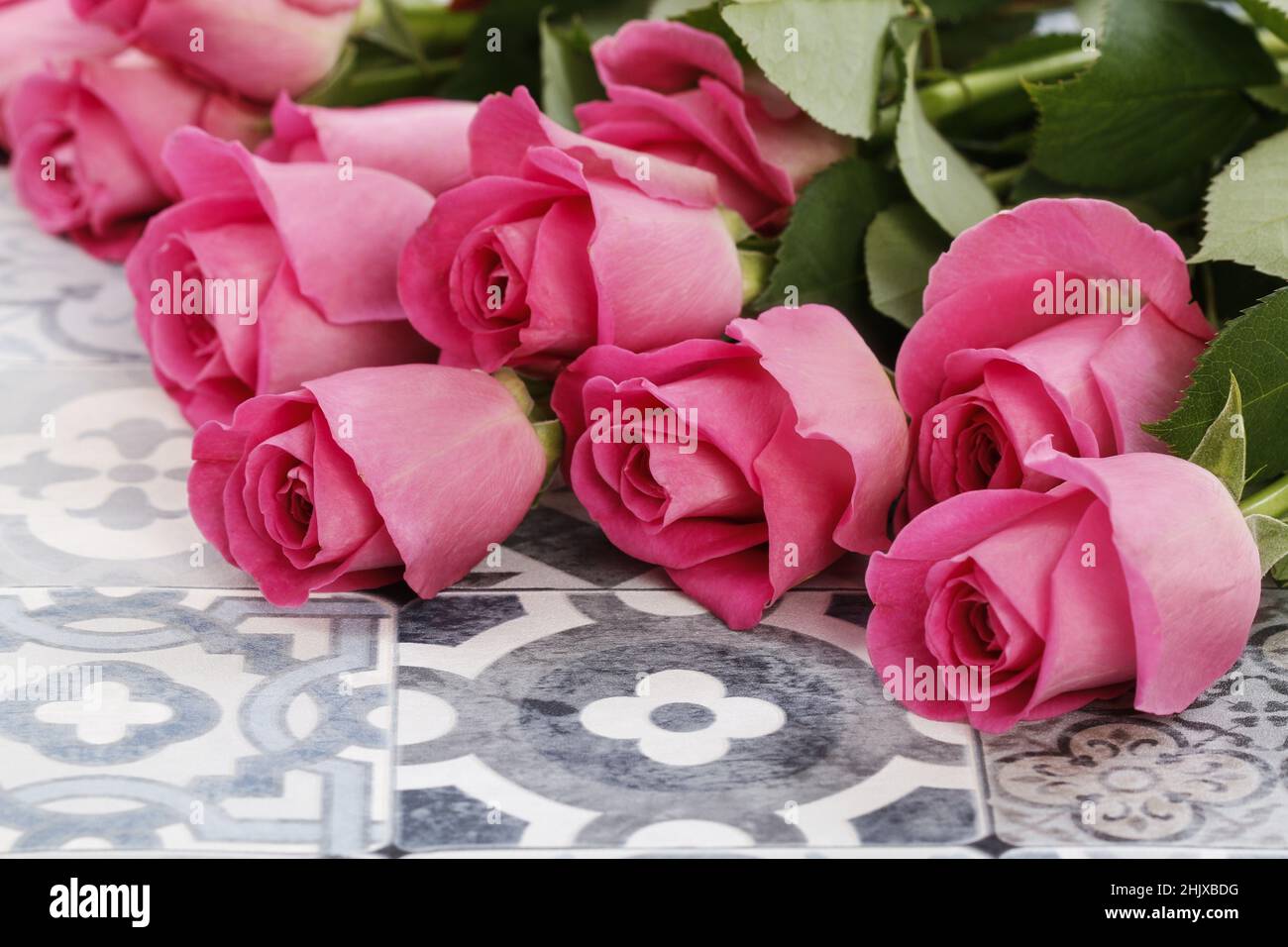 Romantic pink roses are lying on beautiful spanish floor tiles. Party ...