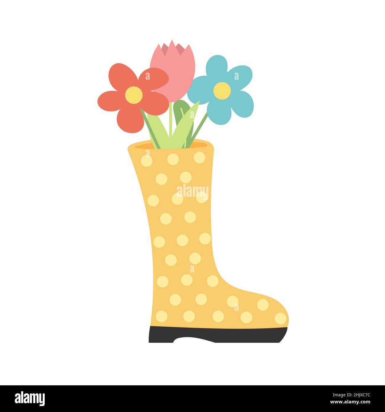Cute spring flowers in yellow rubber boots, design and decor element ...