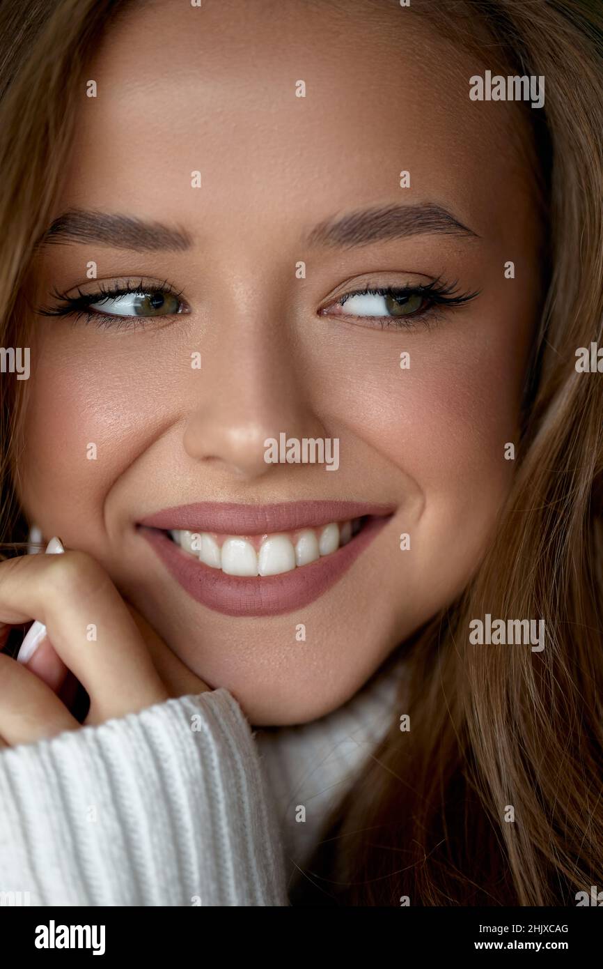 Beautiful Woman Face Close Up Teeth Smile Happy Positive Facial
