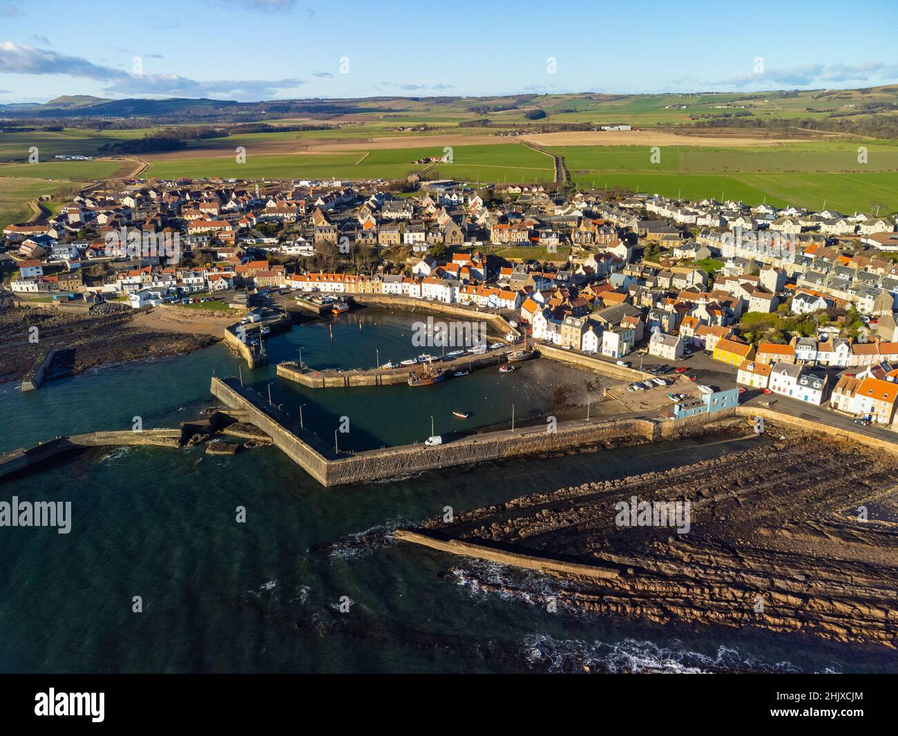 Aerial view from drone of St Monans fishing harbour and village in East ...